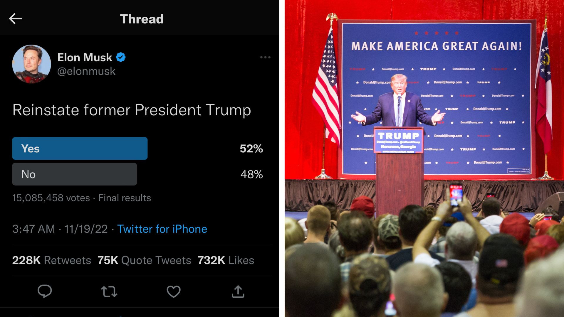 Trump triumphs in a Twitter poll about being reinstated, he declines