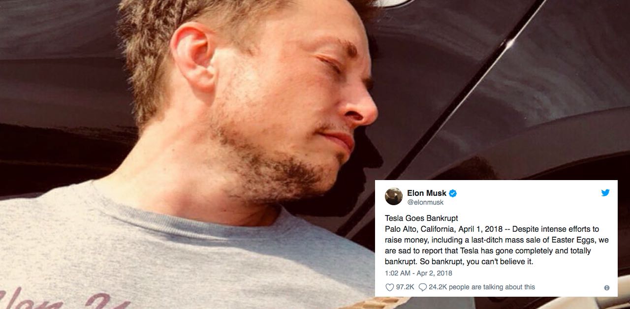 Elon Musk Announces Tesla is Bankrupt in April Fools' Day Tweet